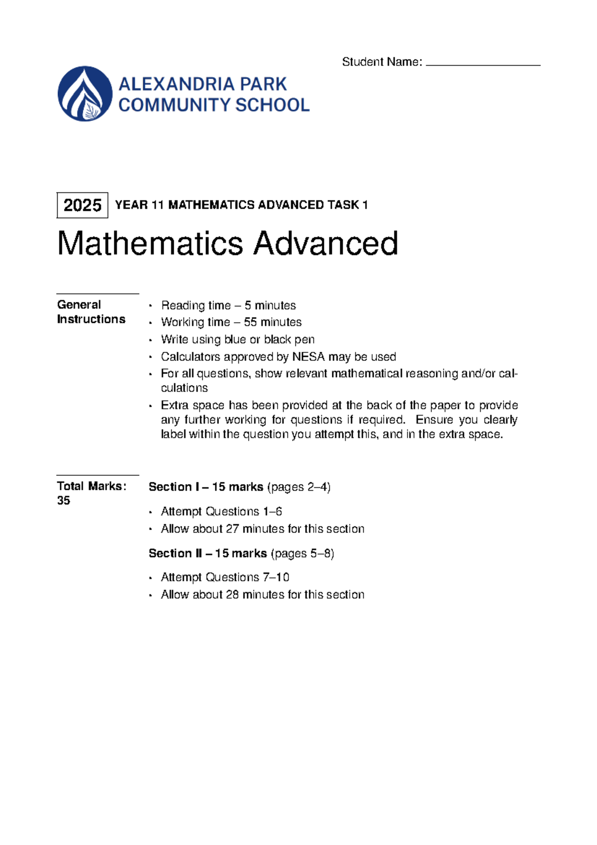 Year 11 Mathematics Advanced Task 1 - 2025 Exam Guide - Studocu