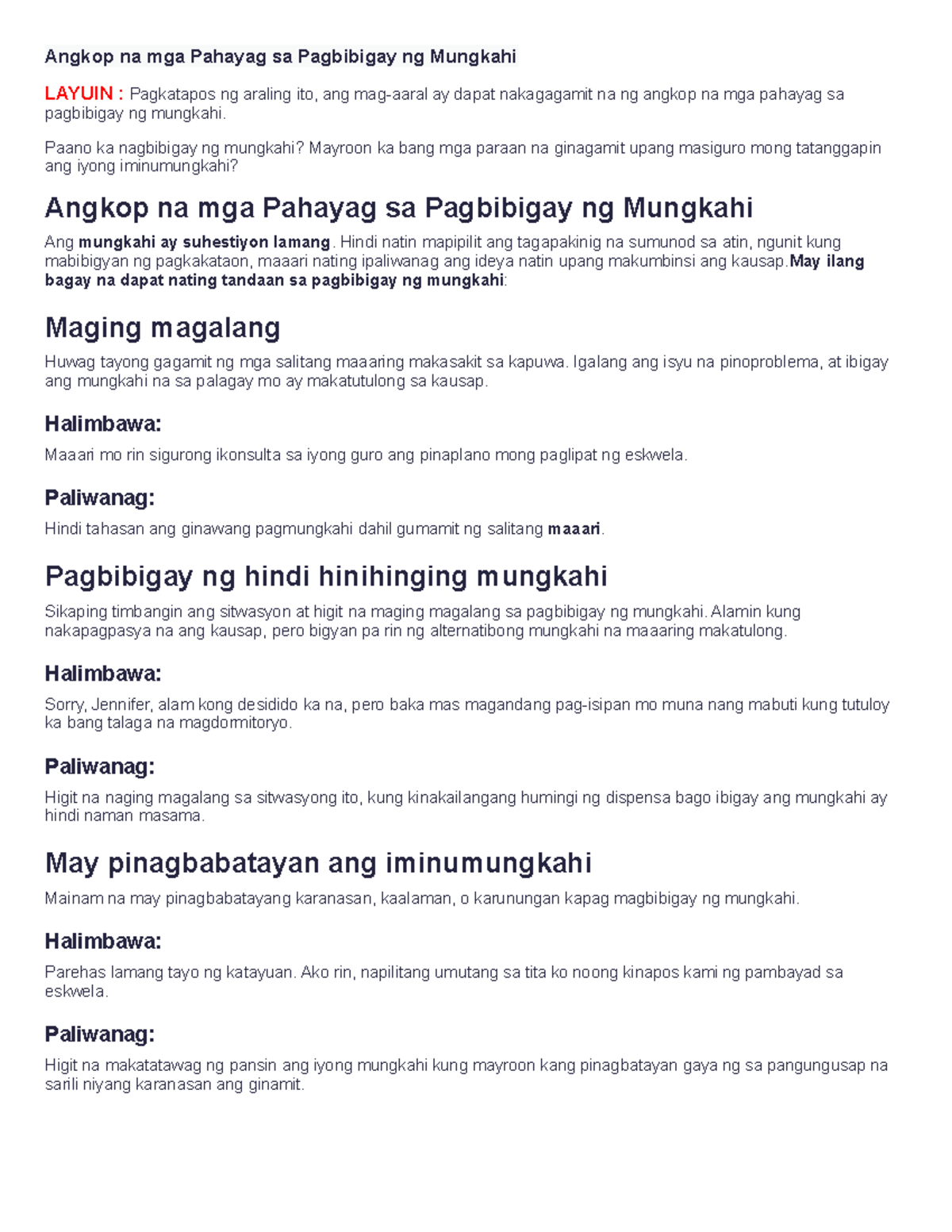 Pahayag at Estratehiya sa Pagbibigay ng Mungkahi sa Aralin - Studocu