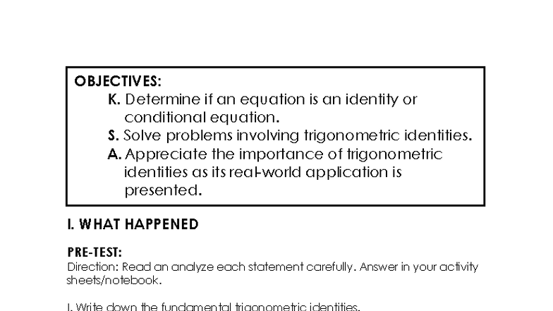08 Pre Cal-Q2 Trigonometric Identities and Conditional Equations - Studocu