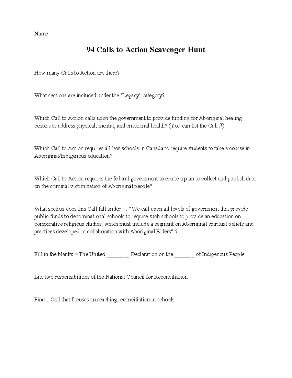 94 Calls to Action Scavenger Hunt: Key Questions & Insights - Studocu
