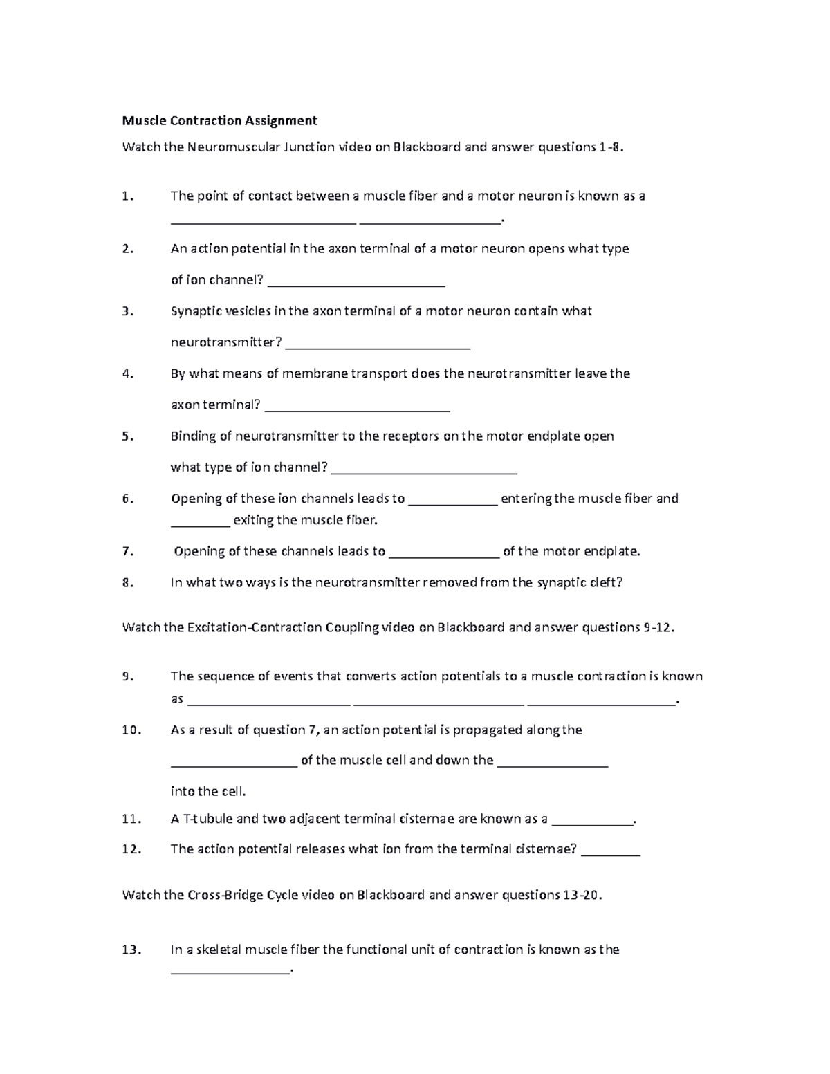 Muscle Contraction Worksheet (BIOL 101) - Assignment Questions ...