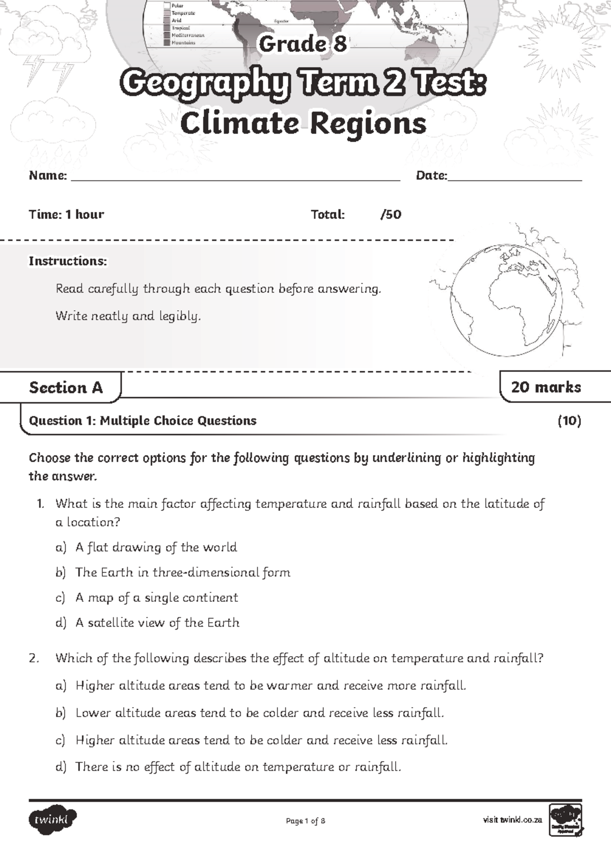 Grade 8 Geography Term 2 Test: Climate Regions Overview - Studocu