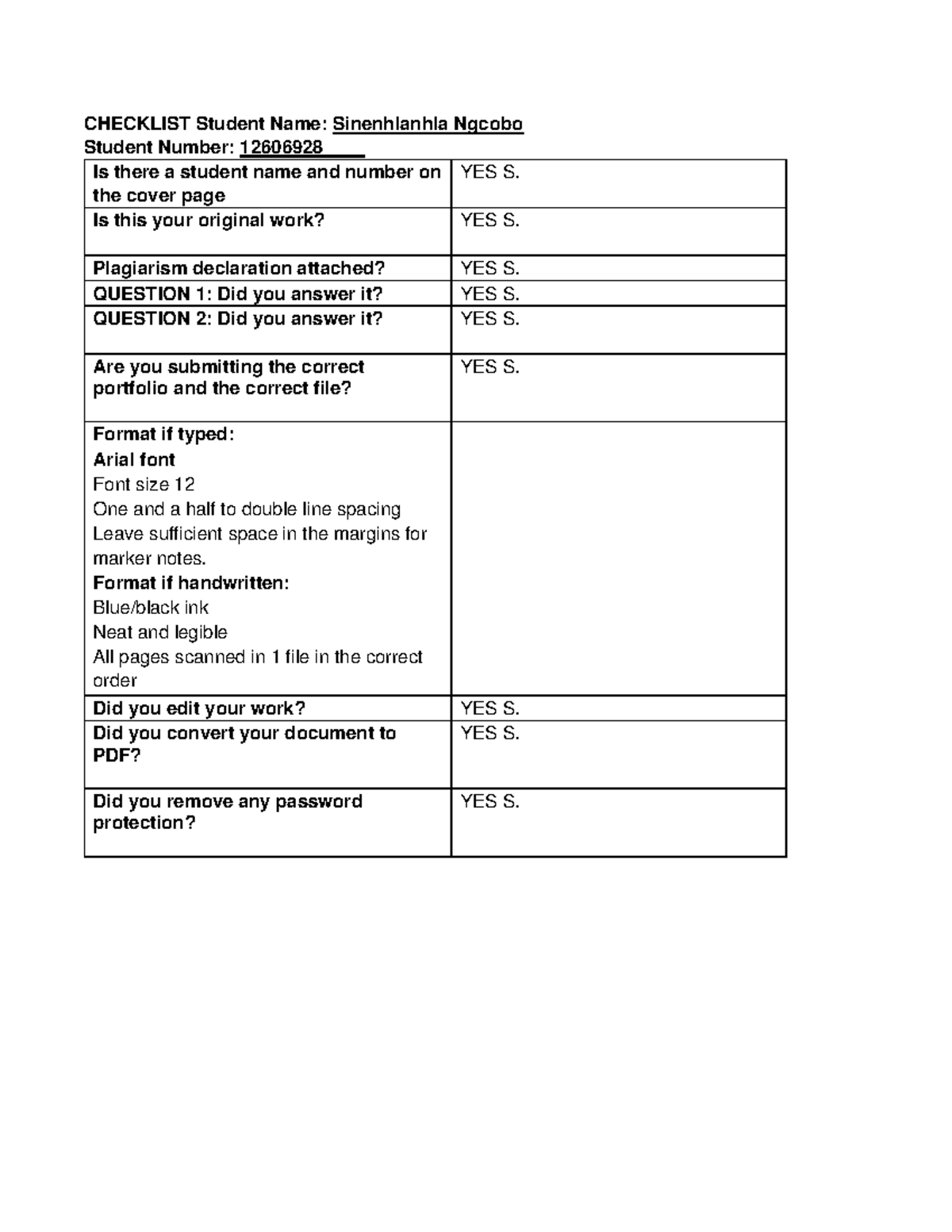 ENN1504 EXAM - CHECKLIST Student Name: Sinenhlanhla Ngcobo Student Number: 12606928 Is there a ...