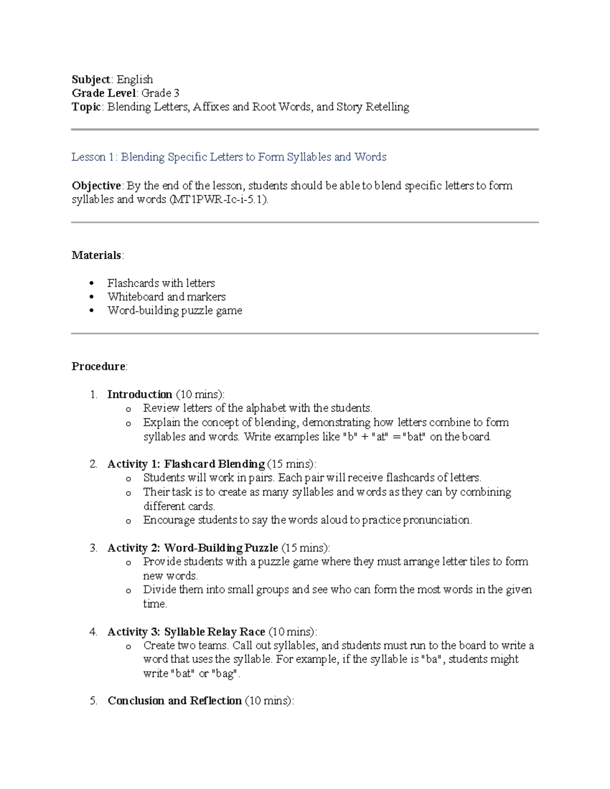Grade 3 English Lesson Plan: Blending, Affixes & Storytelling - Studocu