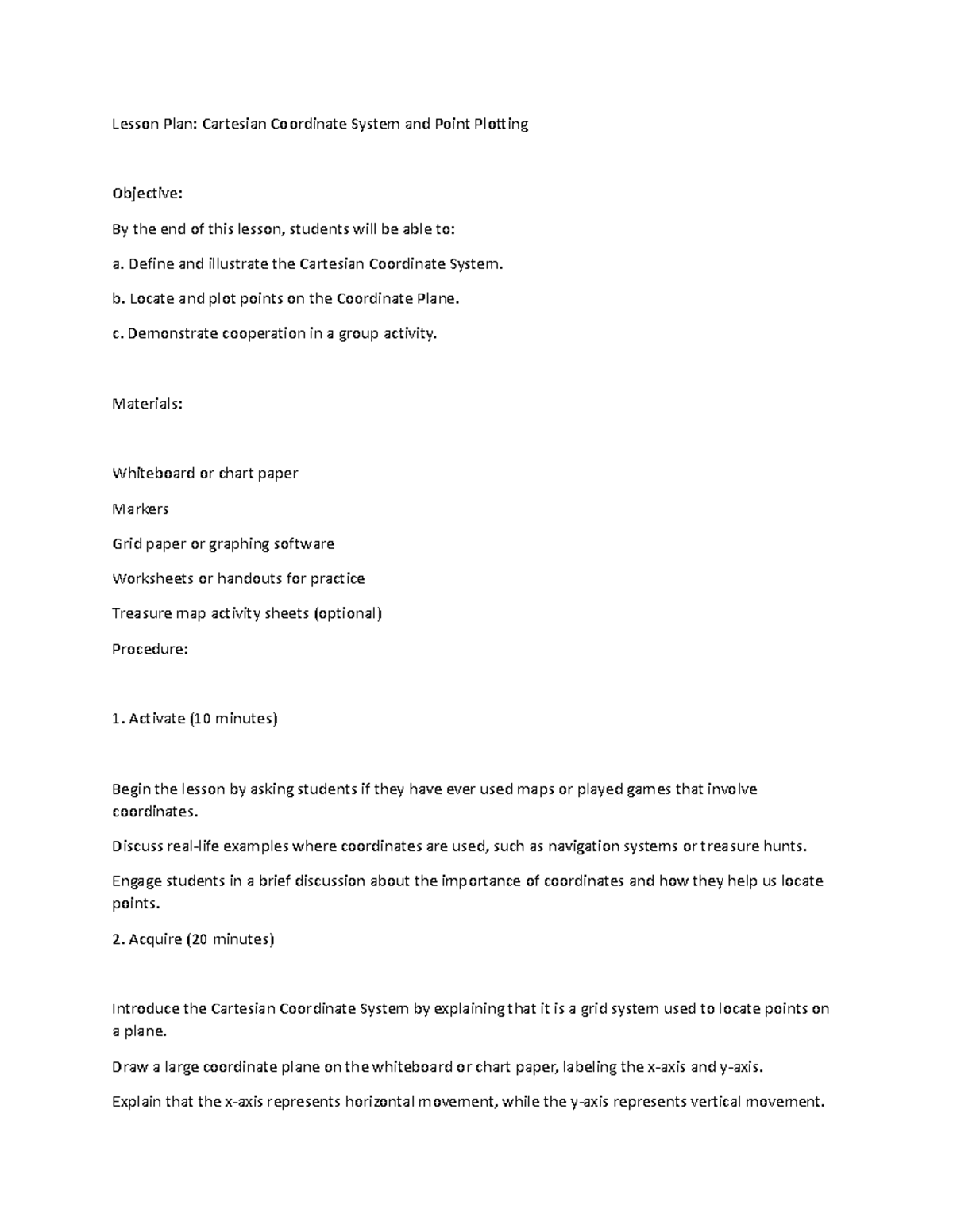 Lesson Plan Define And Illustrate The Cartesian Coordinate System B Locate And Plot Points