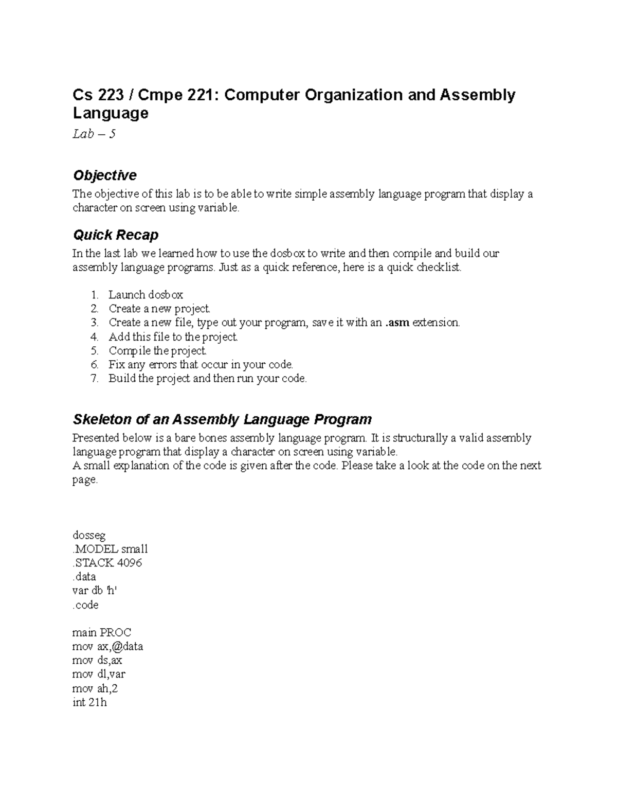 Cs 223 / Cmpe 221 Lab 5: Simple Assembly Program to Display Character ...