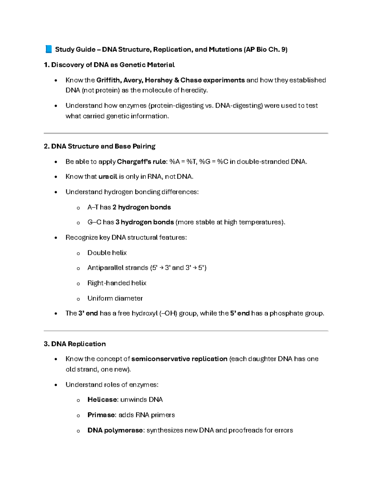 Study Guide: DNA Structure, Replication & Mutations (AP Bio Ch. 9 ...