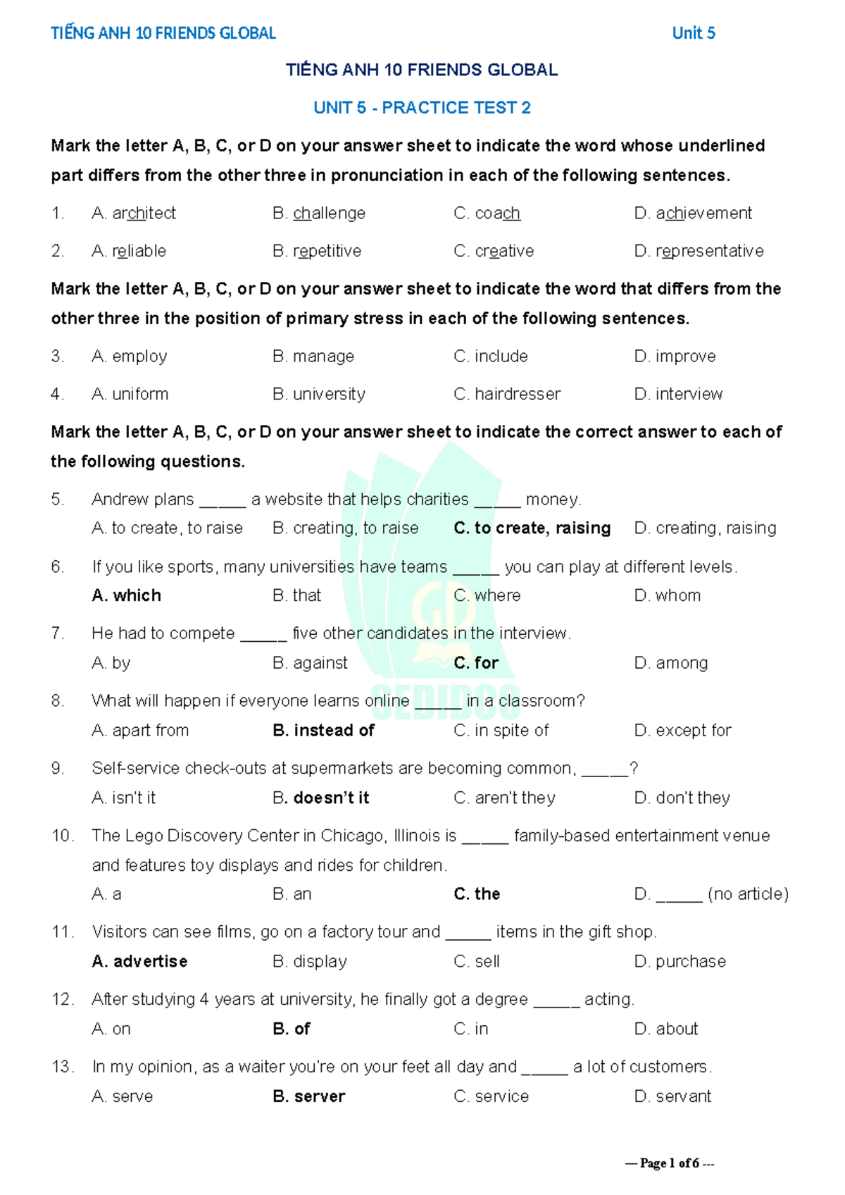 TIẾNG ANH 10 FRIENDS GLOBAL Unit 5 PRACTICE TEST 2 - Studocu
