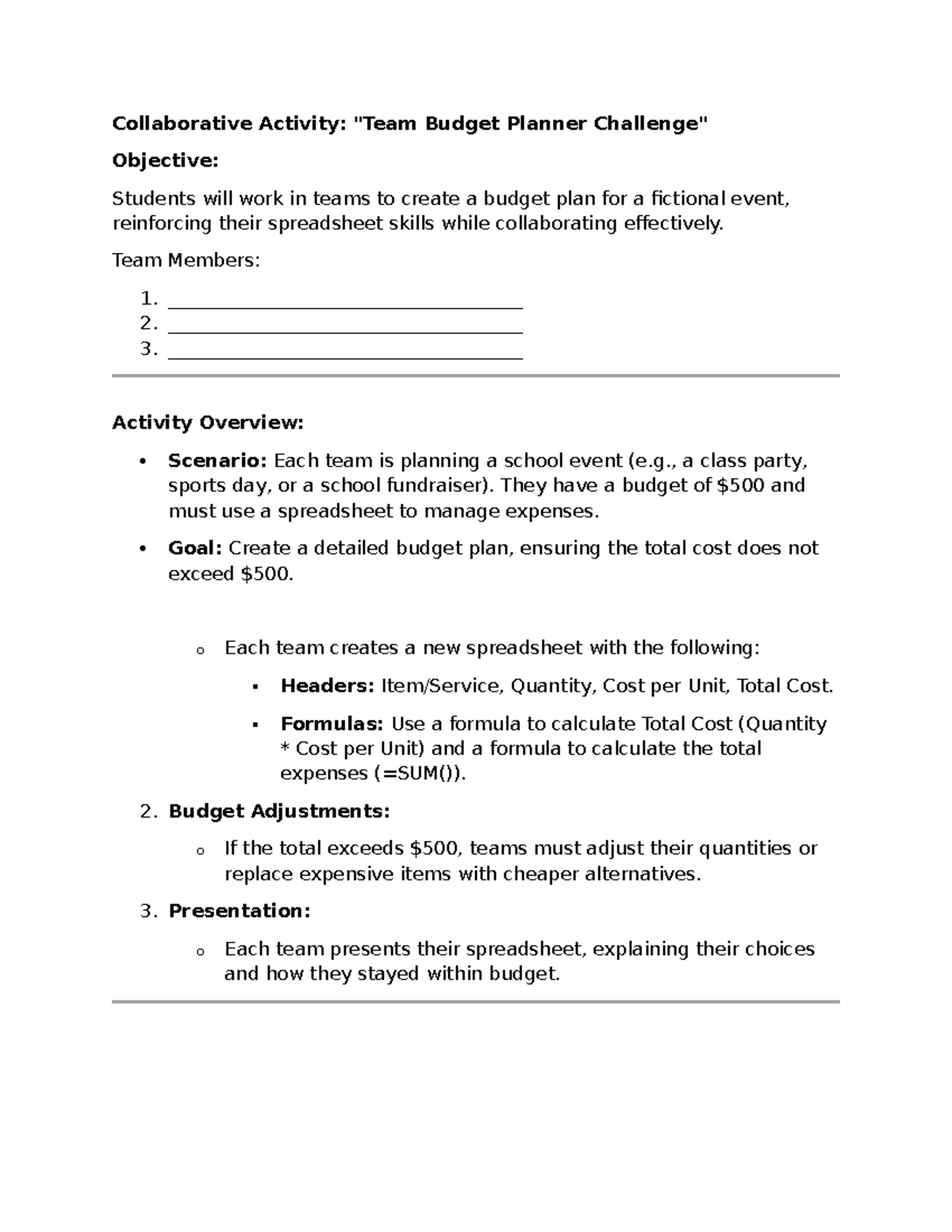 Spreadsheet Project 2: Collaborative Budget Planner Activity - Studocu
