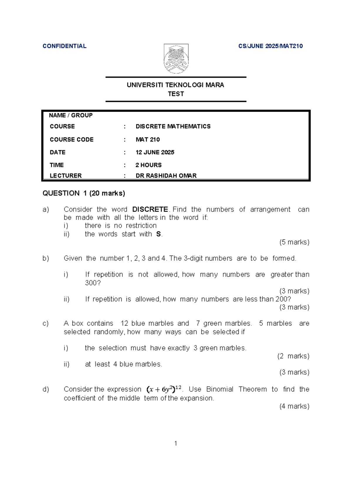 TEST MAT210 JUNE 2025 - Discrete Mathematics Exam Questions - Studocu