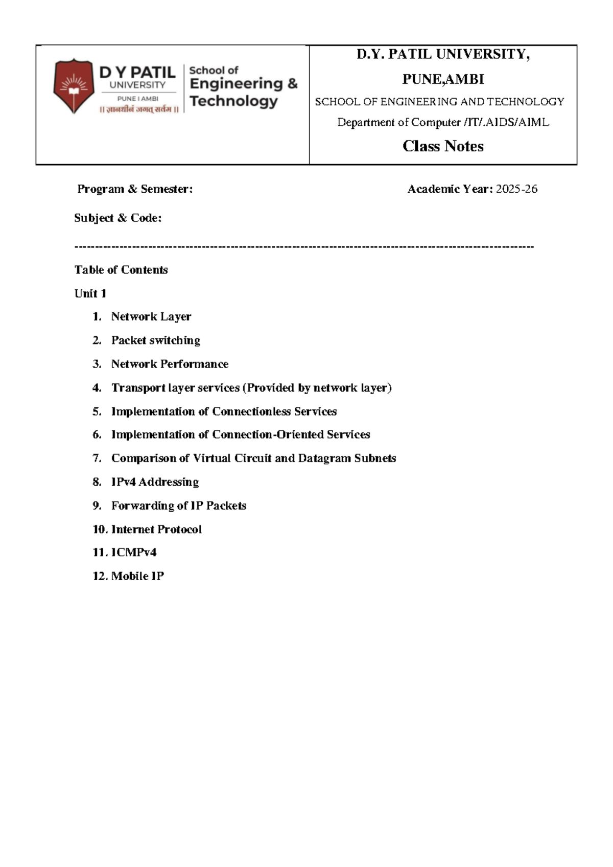 Advance Networking (CS101) Unit 1 Class Notes: Network Layer & Services ...