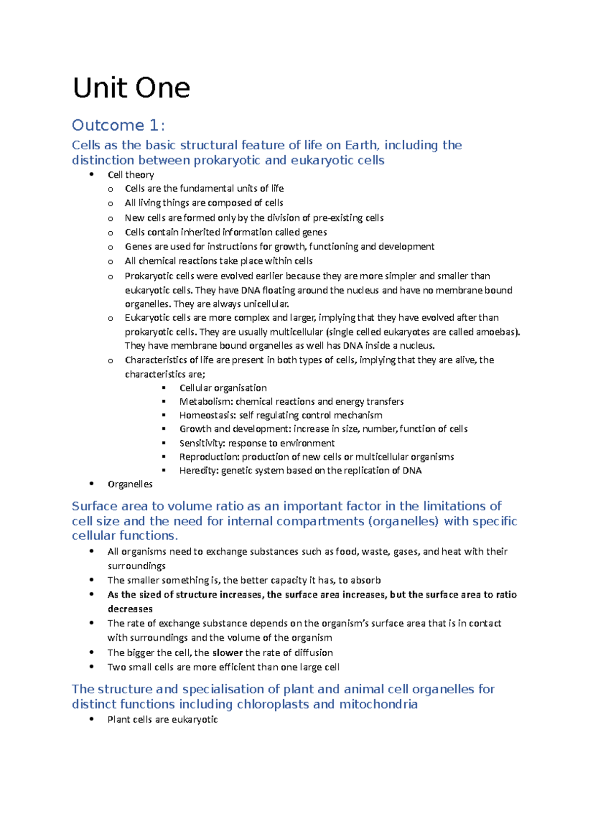 Unit One Summary sheet - Unit One Outcome 1: Cells as the basic ...