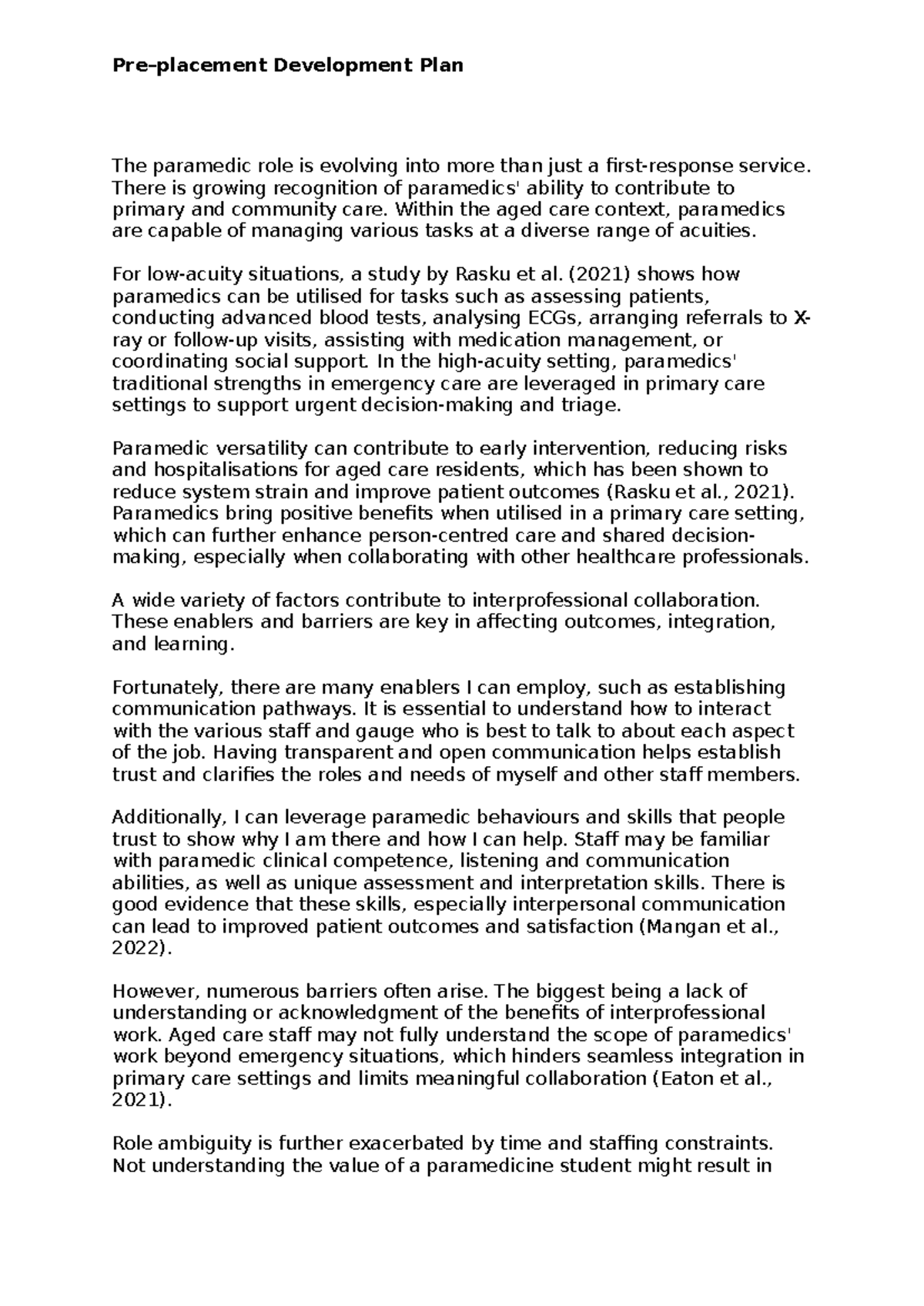 Paramedic Placement Reflection: Evolving Roles in Aged Care - Studocu