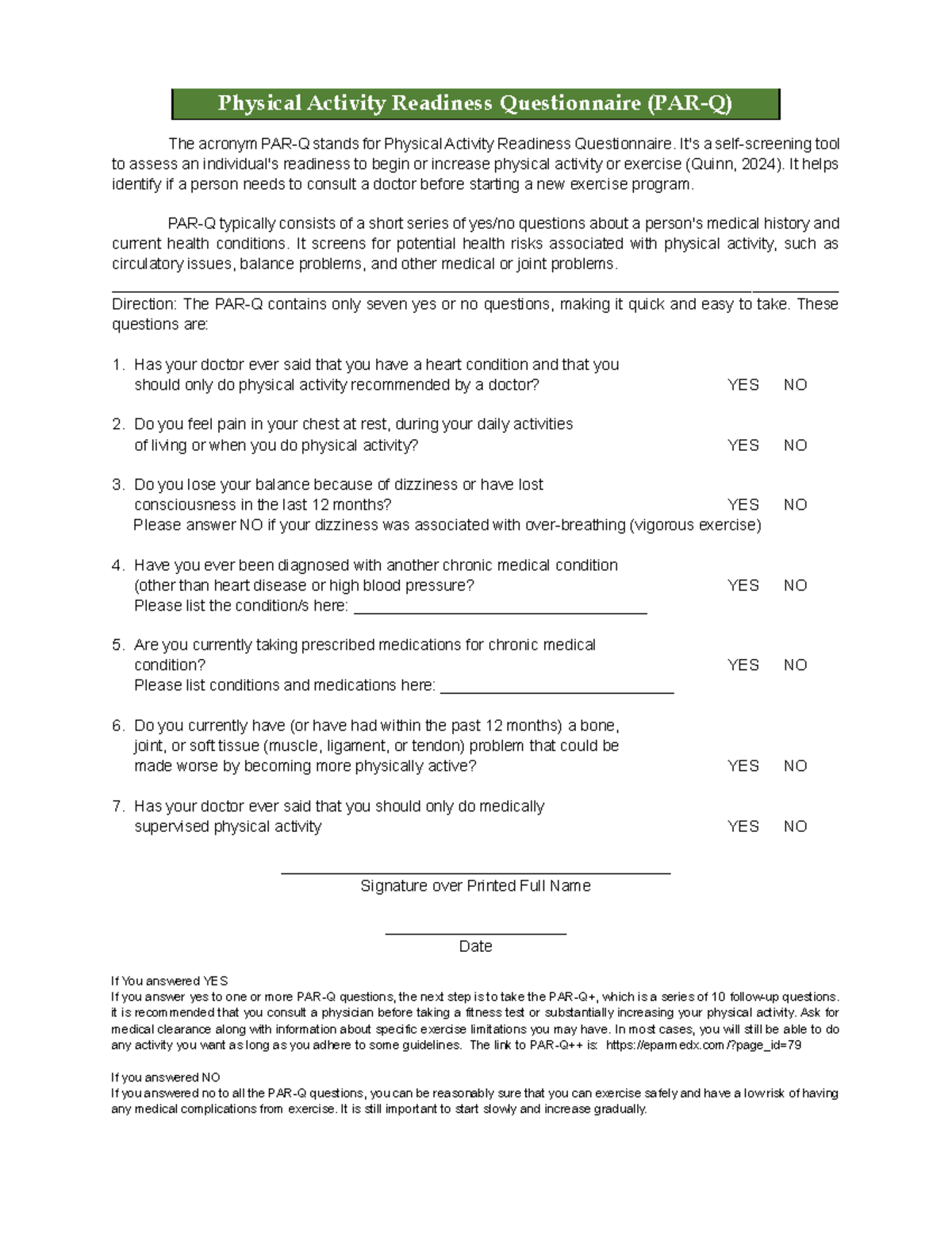 Physical Activity Readiness Questionnaire (PAR-Q) Overview - Studocu