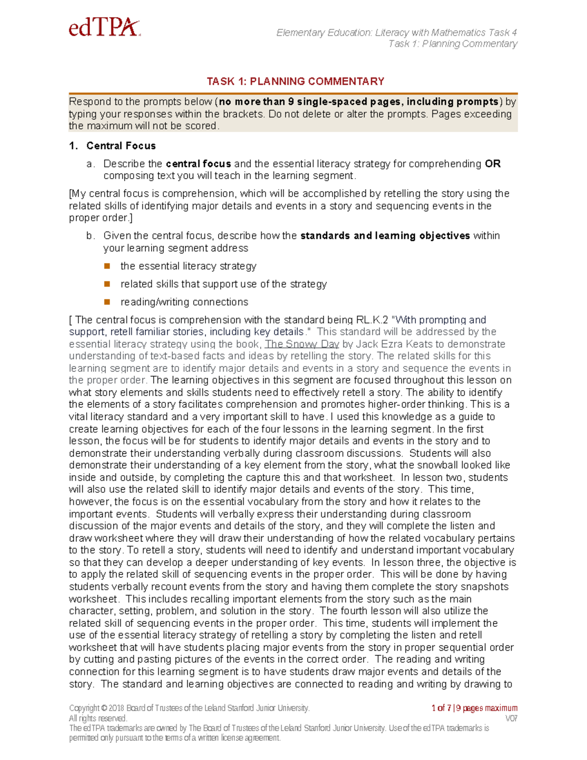 edTPA Task 1: Planning Commentary for Student Literacy Strategies - Studocu