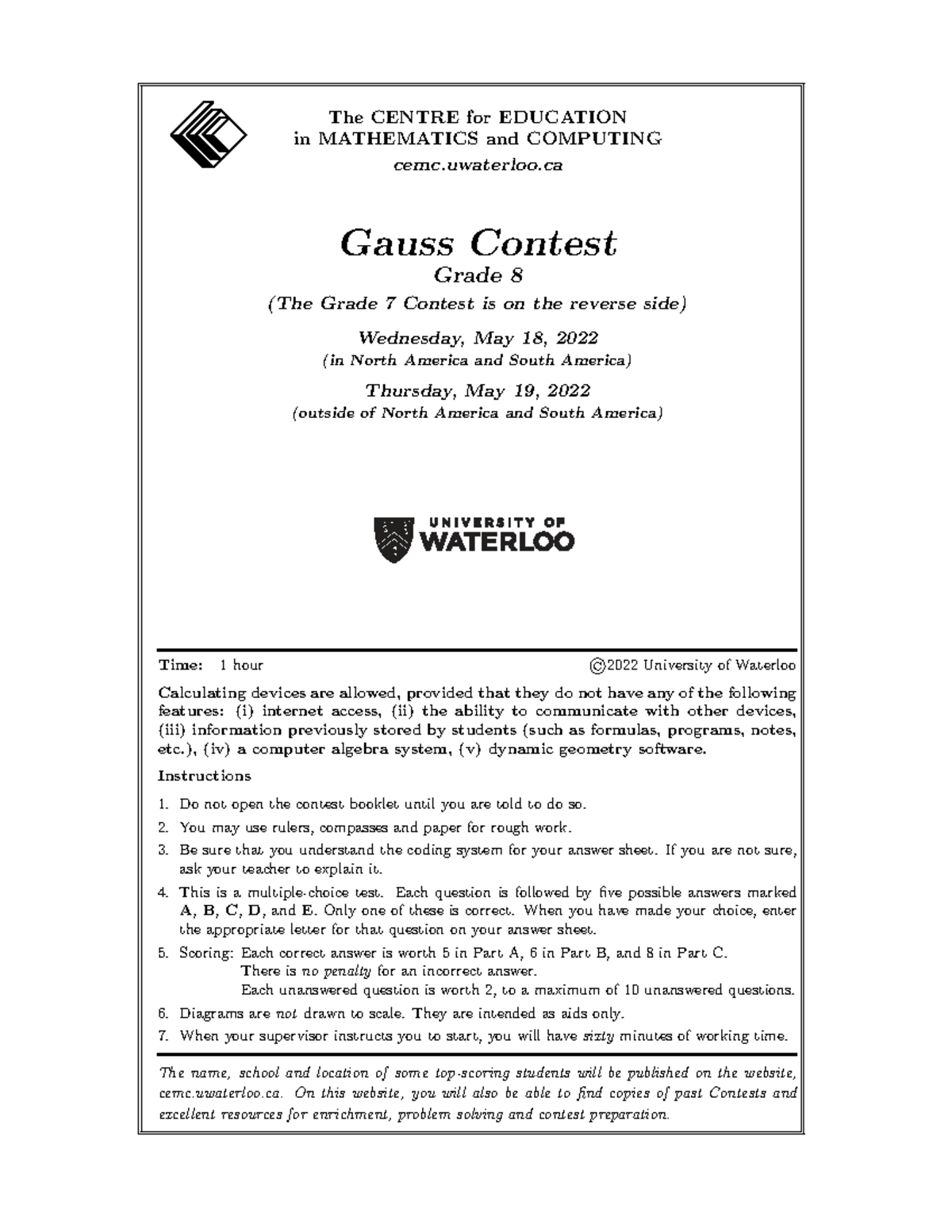 2022 Gauss Contest Grade 8 - Math Competition - Studocu