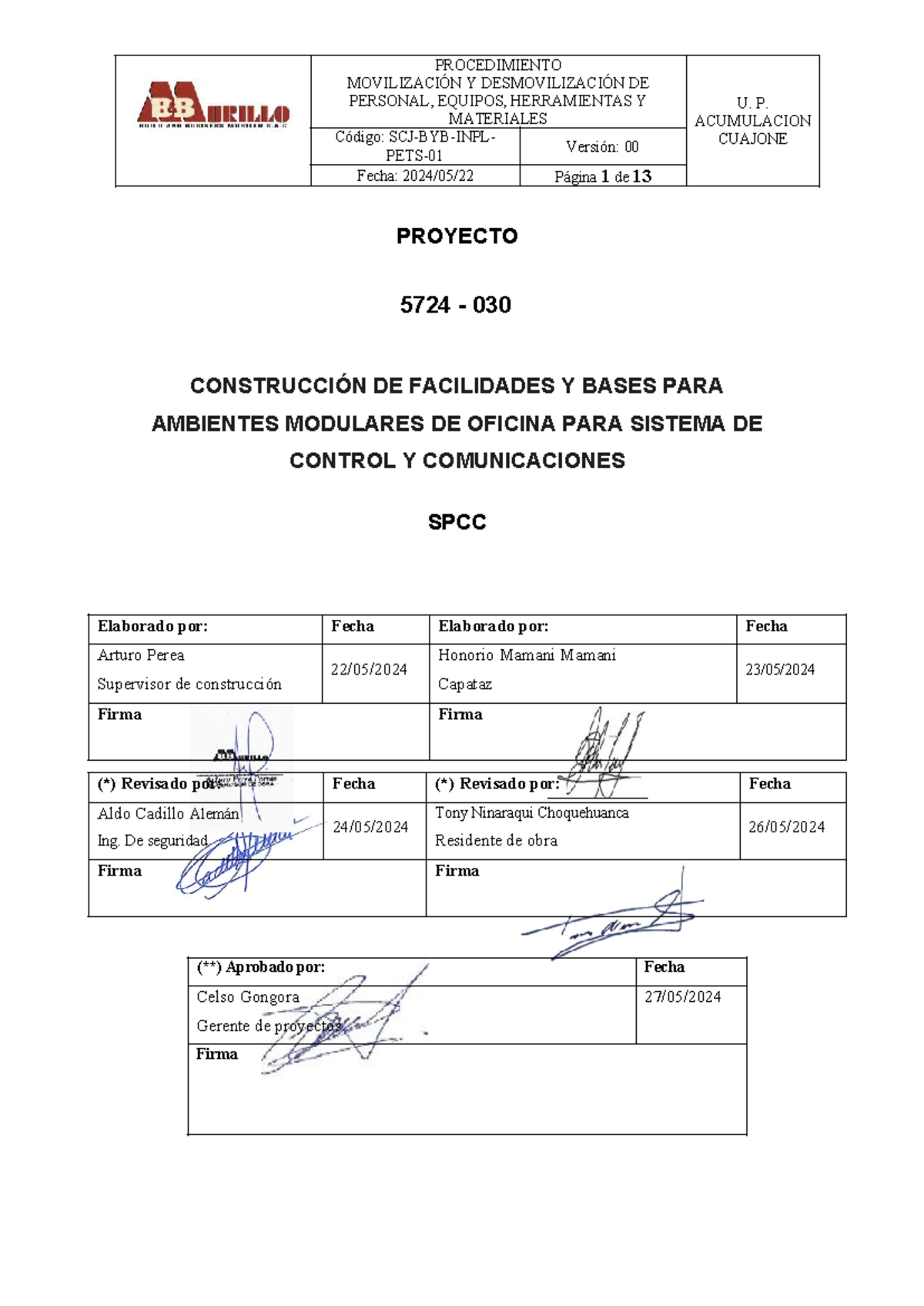 SCJ-BYB-INPL-PETS-001 Procedimiento de Movilización y Desmovilización ...