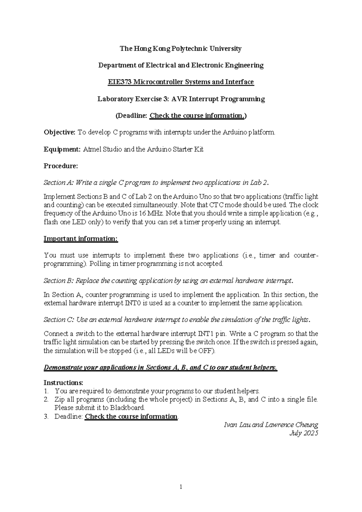 EIE373 Microcontroller Lab 3: AVR Interrupt Programming Guide - Studocu