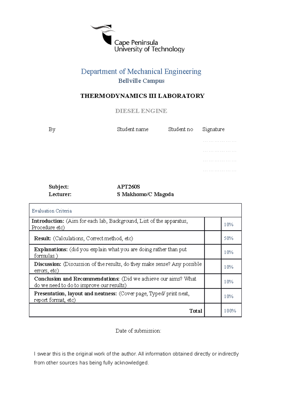 Diesel Engine Laboratory Report - APT260S - Studocu