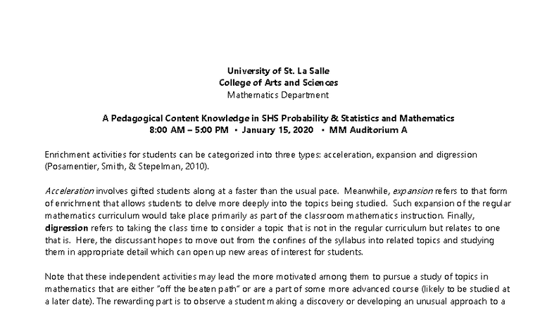 Lecture Notes for General Mathematics (GMATH 101) on Probability ...