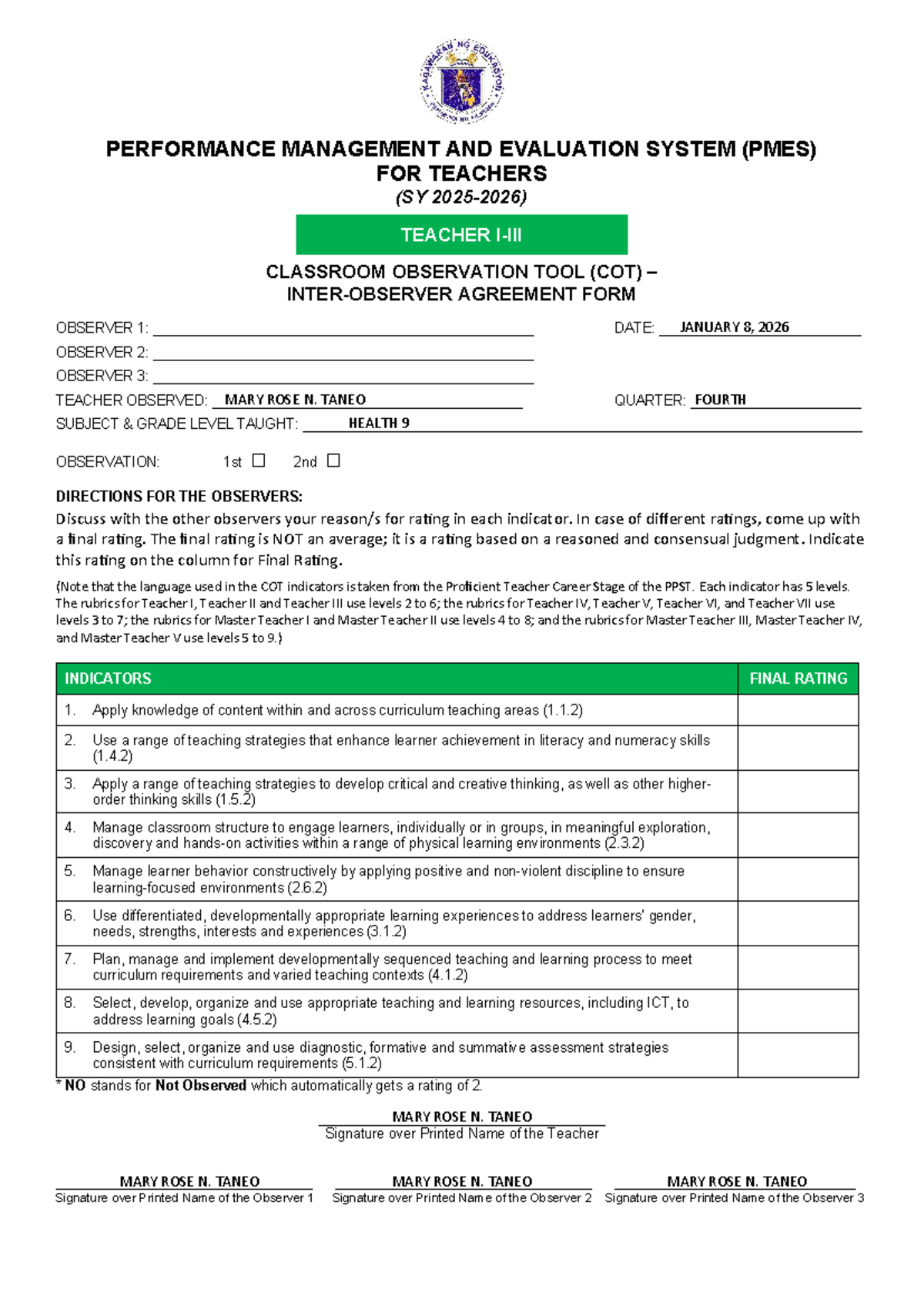 PMES for Teachers: COT Inter-Observer Agreement Form (SY) - Studocu