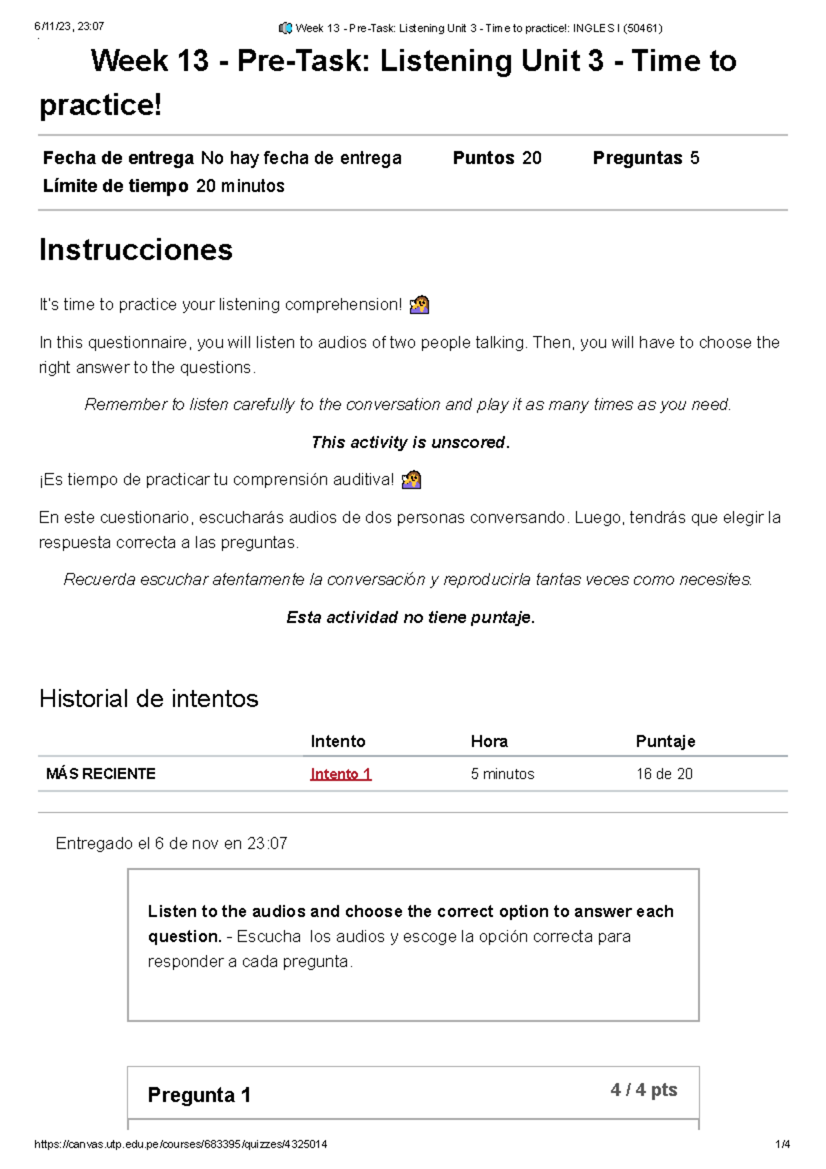 Week 13 - Pre-Task Listening Unit 3 Practice - Ingles I Guide - Studocu