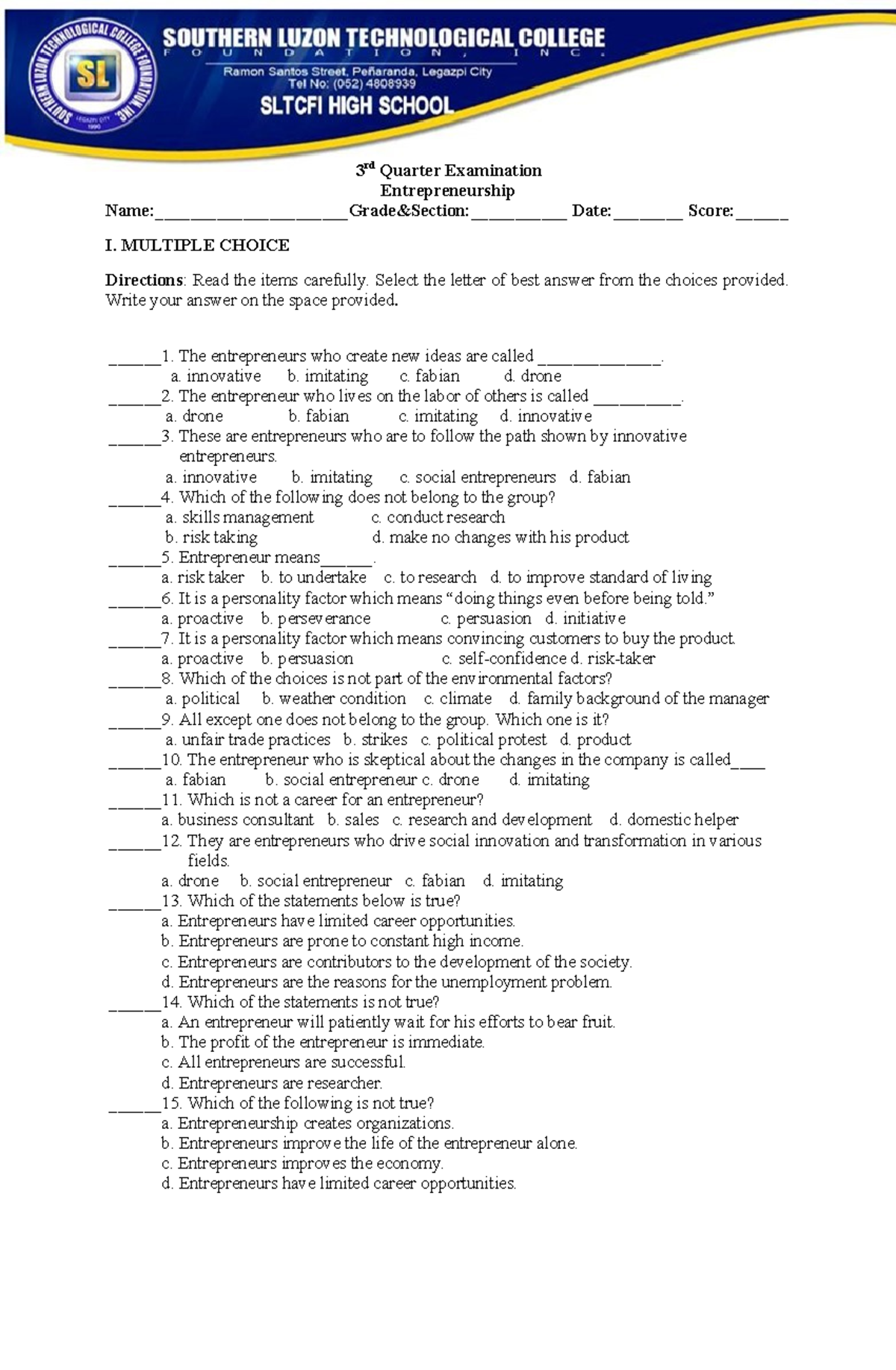 3rd Quarter Exam G12 Entrepreneurship: Multiple Choice Questions - Studocu