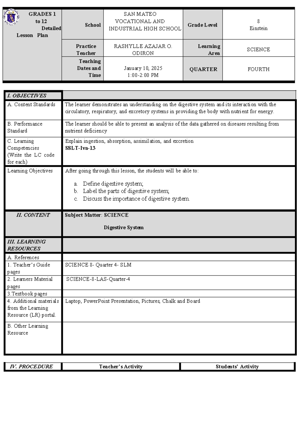 Detailed Lesson Plan: Grade 8 Science on Digestive System (4th Quarter ...