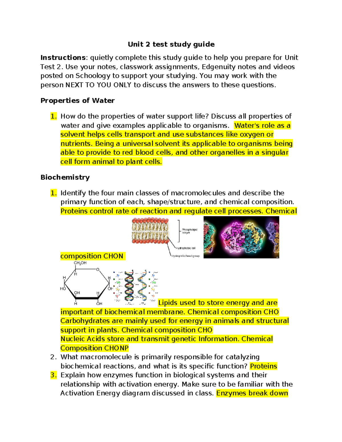 Unit 2 Test Study Guide: Properties of Water & Macromolecules - Studocu