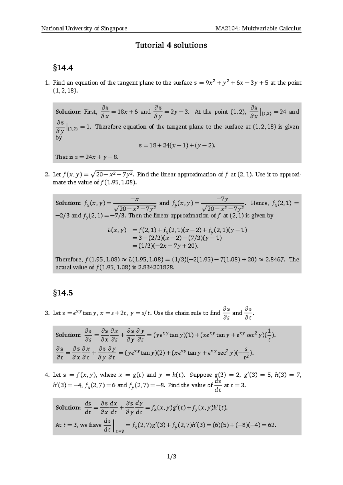 Tutorial 4 sol - National University of Singapore MA2104: Multivariable ...
