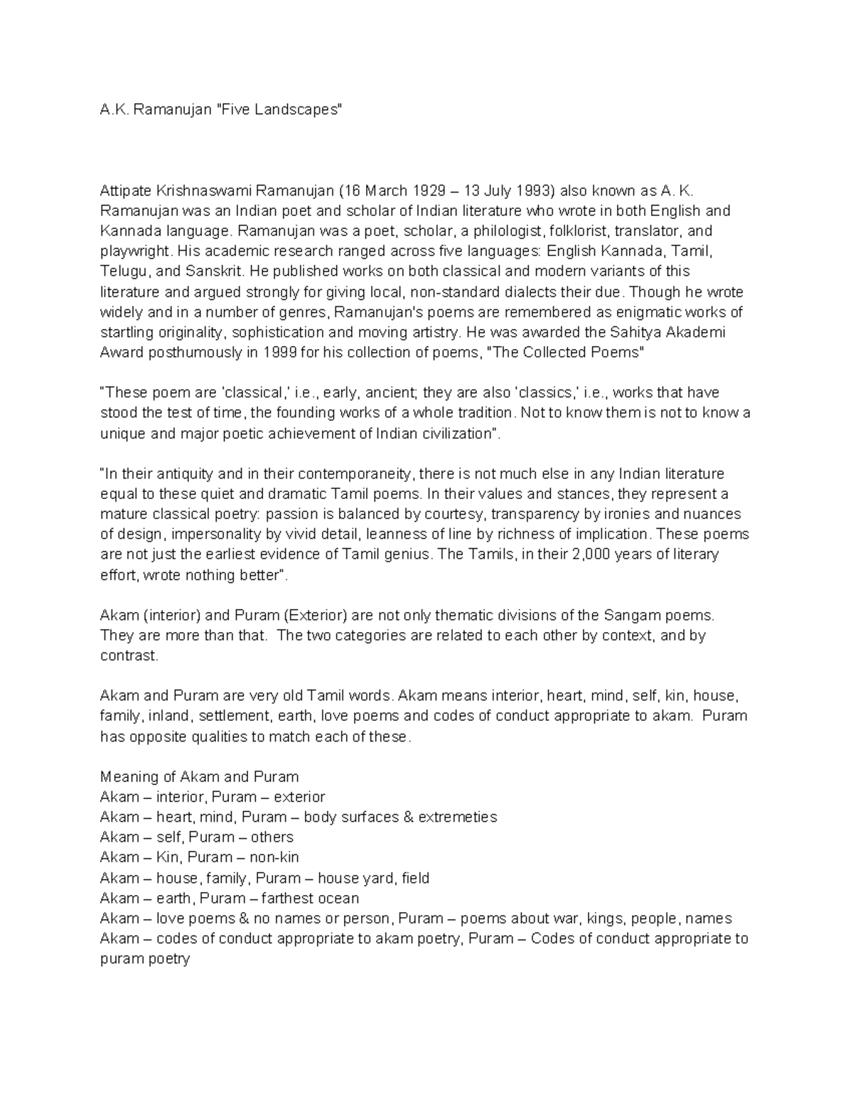 AK Ramanujan's Five Landscapes: Poetic Themes of Akam & Puram - Studocu