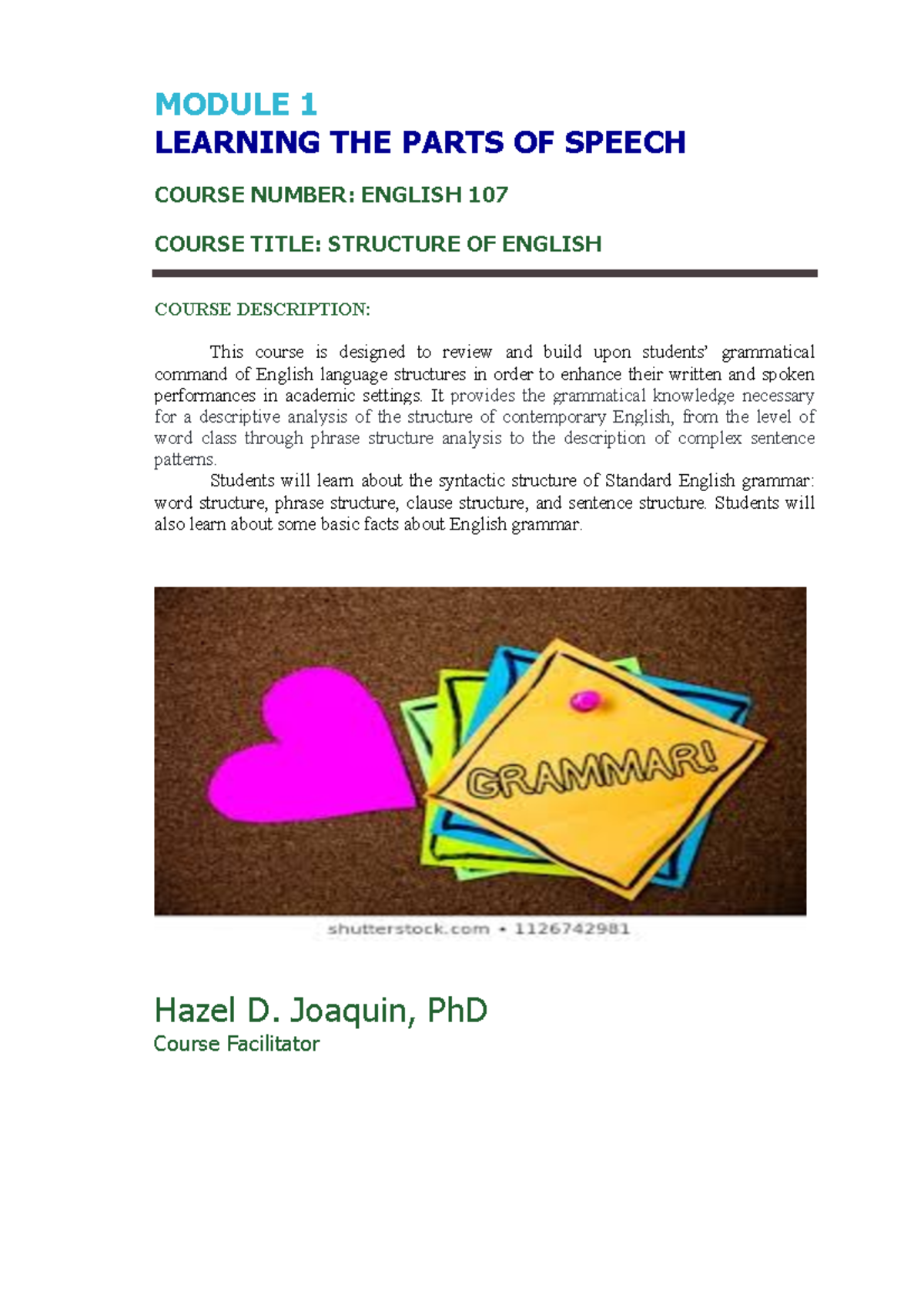 Module 1: Parts of Speech Overview - English 107 Structure of English ...