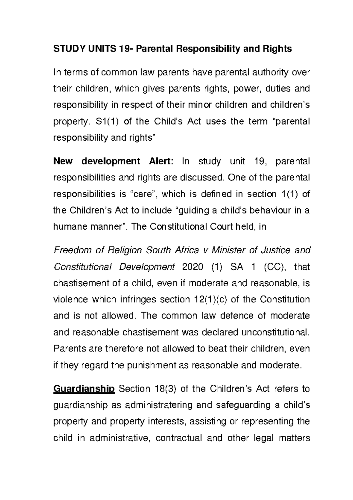Study Unit 19: Understanding Parental Responsibilities & Rights - Studocu