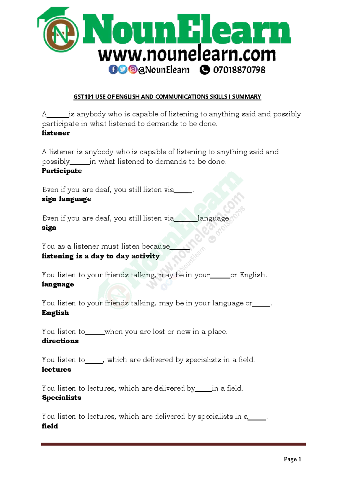 GST101 Listening Skills and Comprehension: Detailed Summary - Studocu