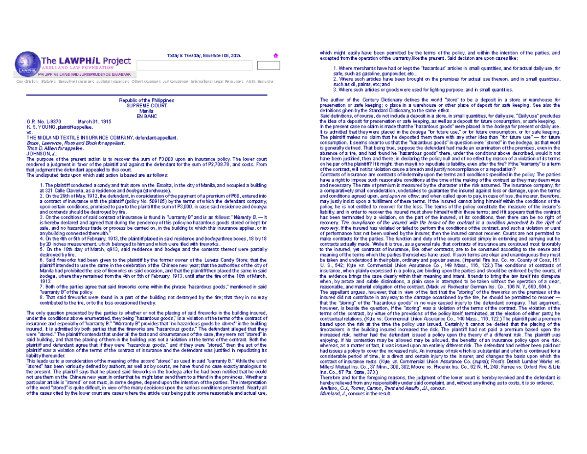 Young v. Midland - Case Analysis (G.R. No. L-9370, 1915) - Studocu