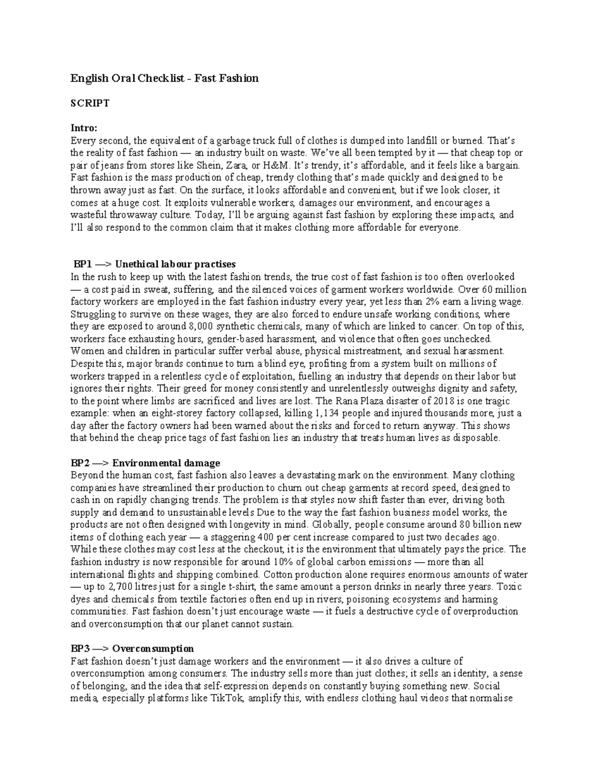 English Oral Script - Fast Fashion: Impacts & Issues - Studocu