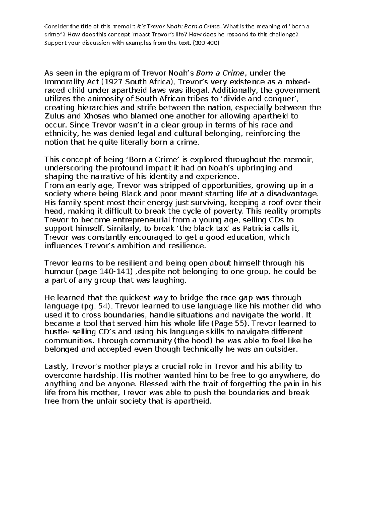 Analysis of Identity and Resilience in Trevor Noah's "Born a Crime ...