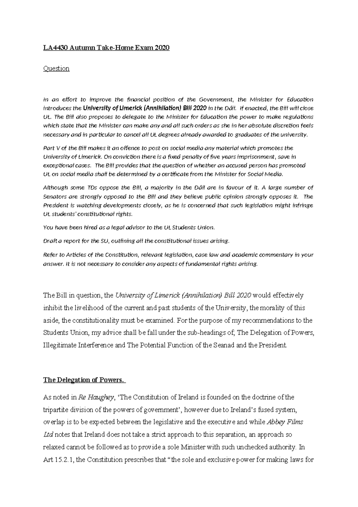 Constitutional Essay 2020 Sample Answer - K - LA4430 Autumn Take-Home Exam 2020 Question In an ...