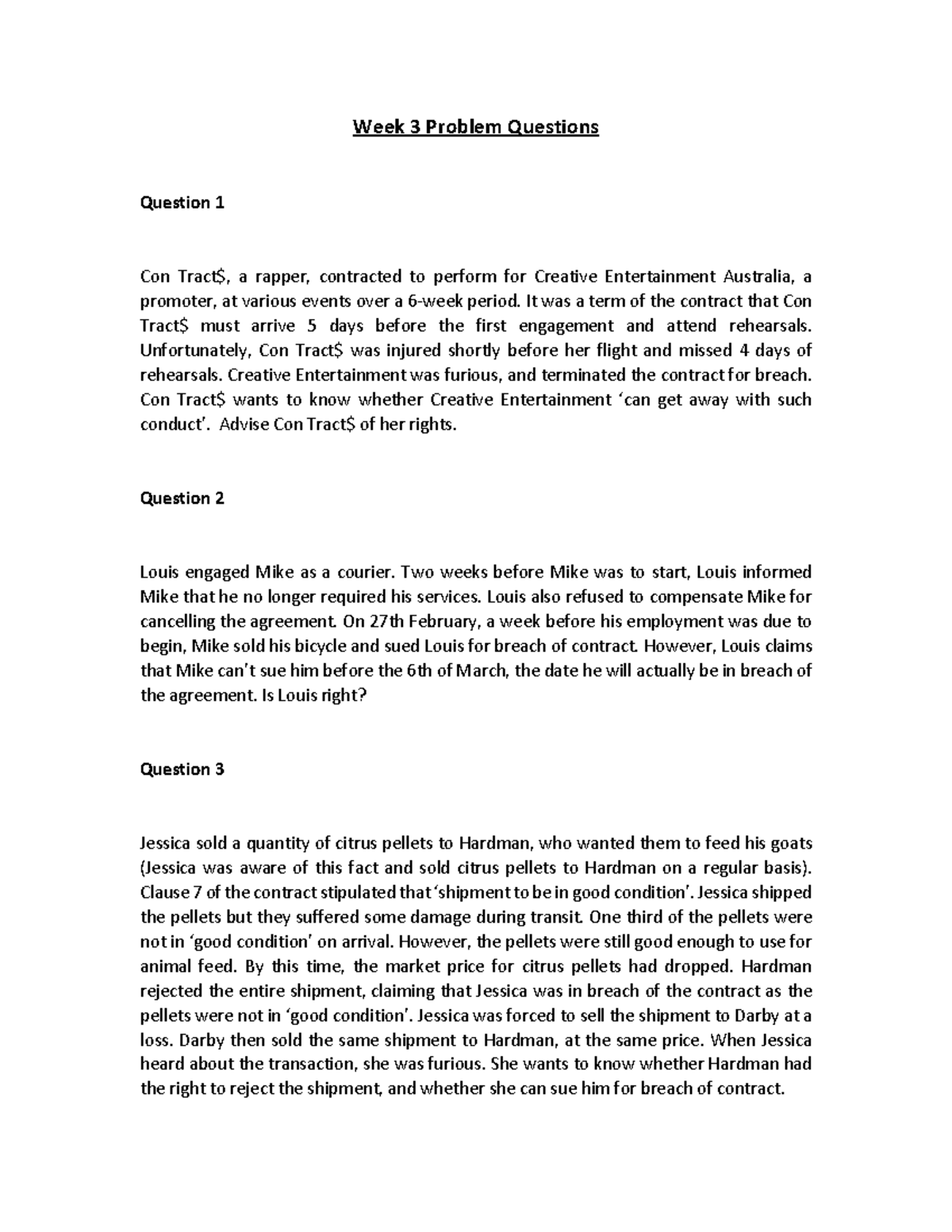 Contracts LAW 101 Week 3 Problem Questions Analysis - Studocu
