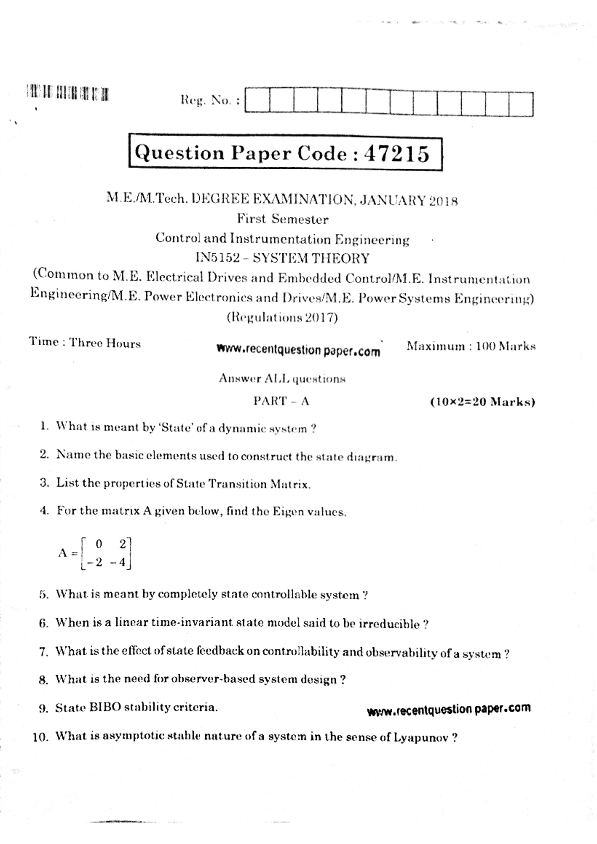 Question Paper - System Theory - CIE 47215 - Jan 2018 Exam - Studocu