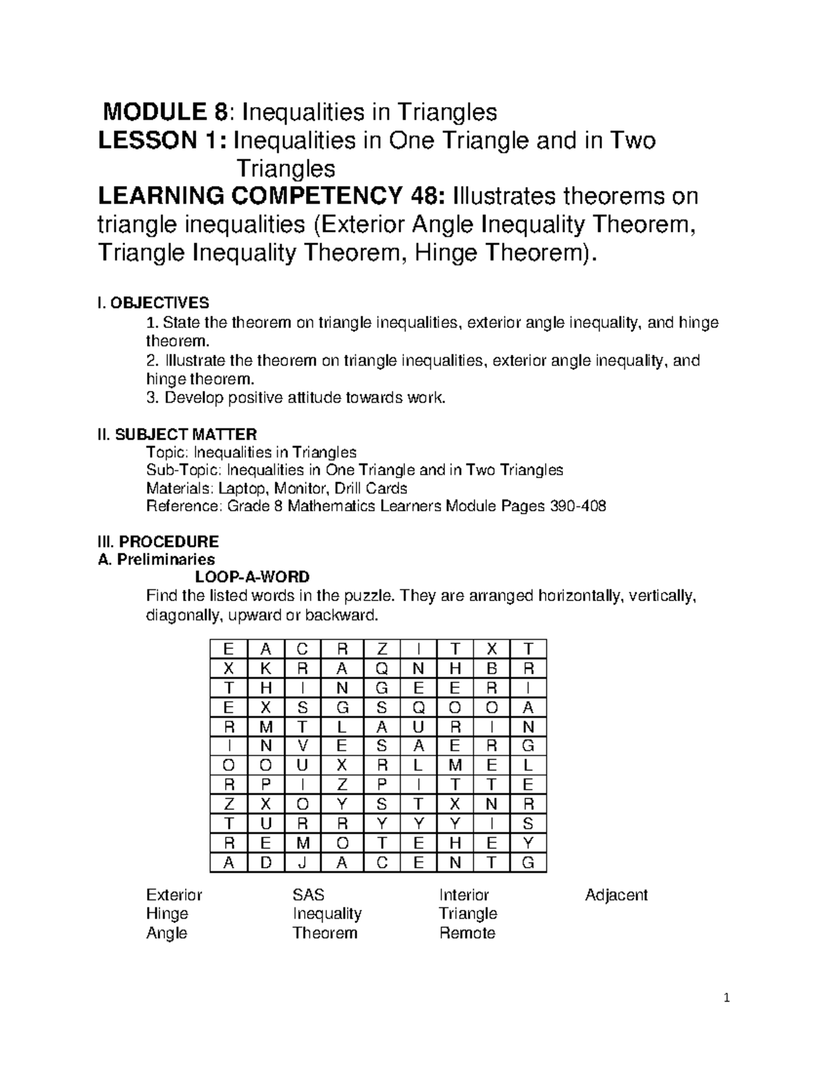 G8 4th GP LCTG LC 48 - Inequalities in Triangles Lesson 1 - Studocu