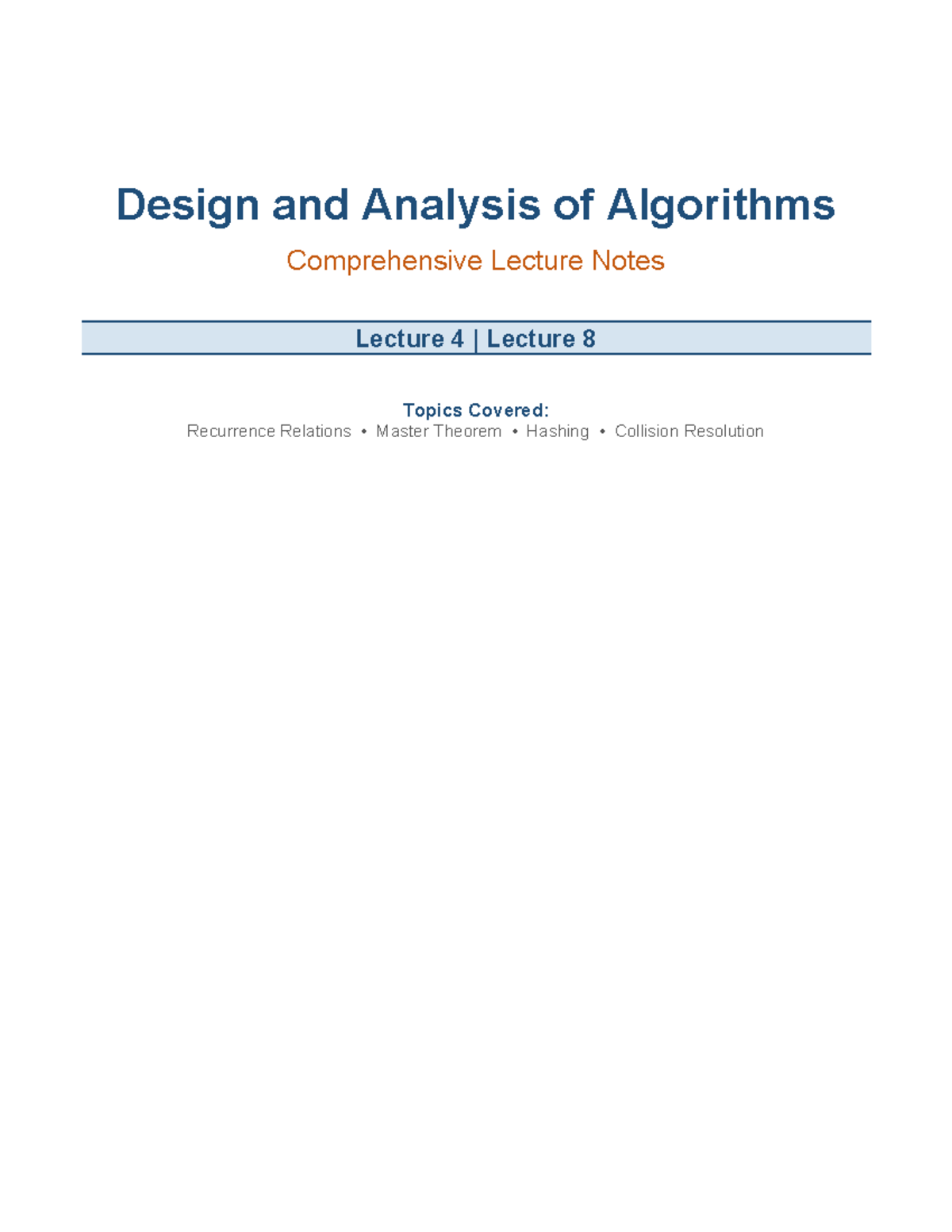 Design and Analysis of Algorithms: Lecture Notes on Recurrence ...