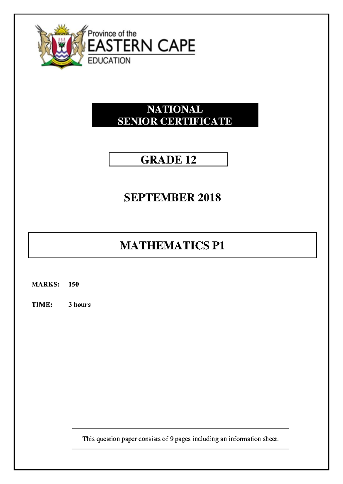 Mathematics P1 Final Exam Paper - September 2018 (Grade 12) - Studocu