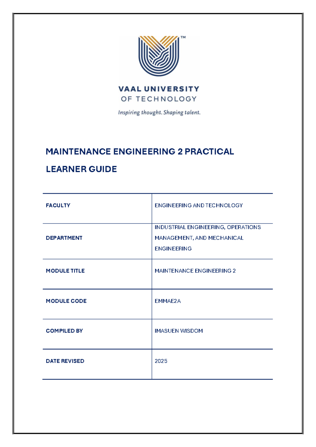 Maintenance Engineering 2 Practical Learner Guide (EMMAE2A) 2025 - Studocu