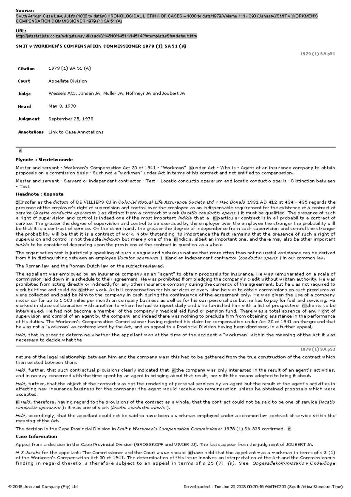 SMIT v Workmen's Compensation Commissioner 1979 (1) SA Case Overview ...
