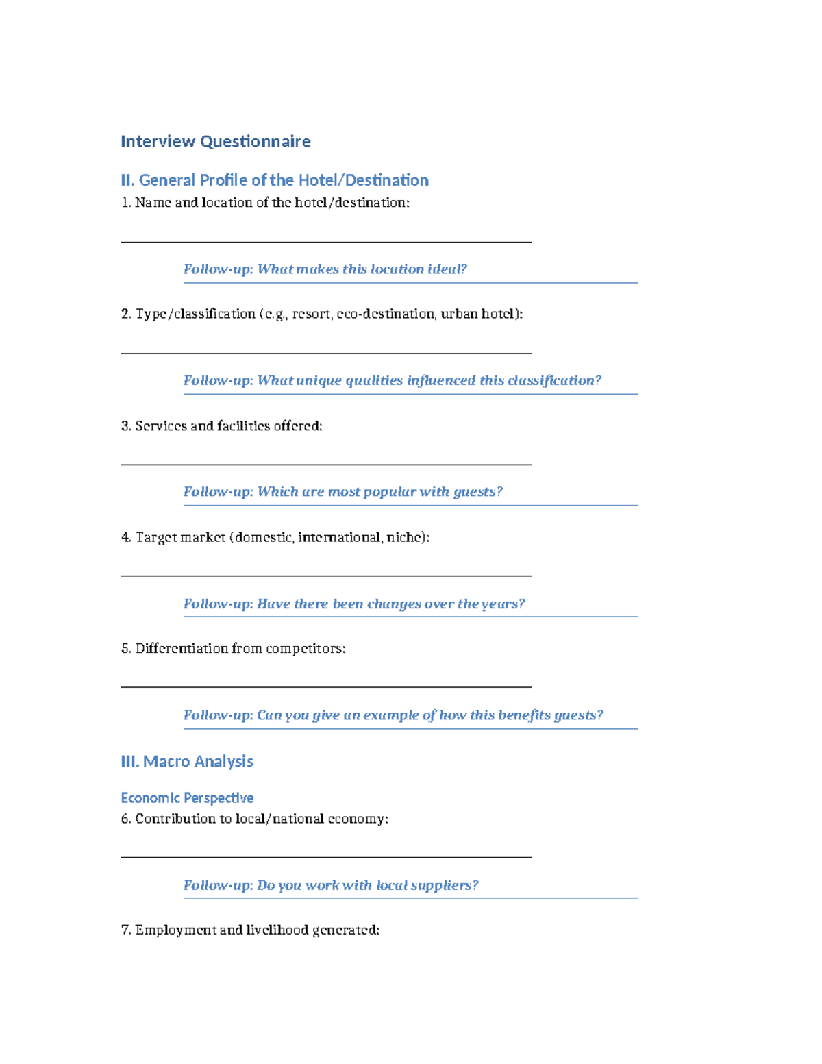 Interview Questionnaire II: Hotel Profile & Macro Analysis - Studocu