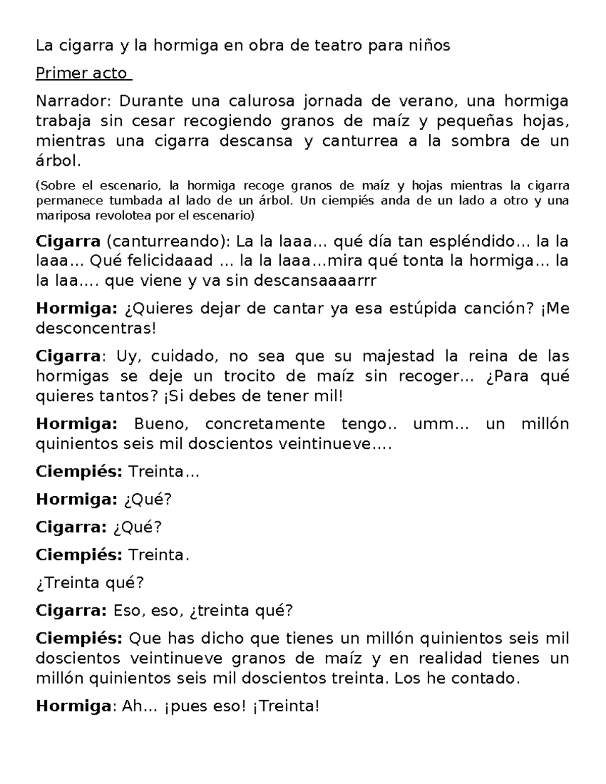 Guion de Teatro Infantil: La Hormiga y la Cigarra - Studocu