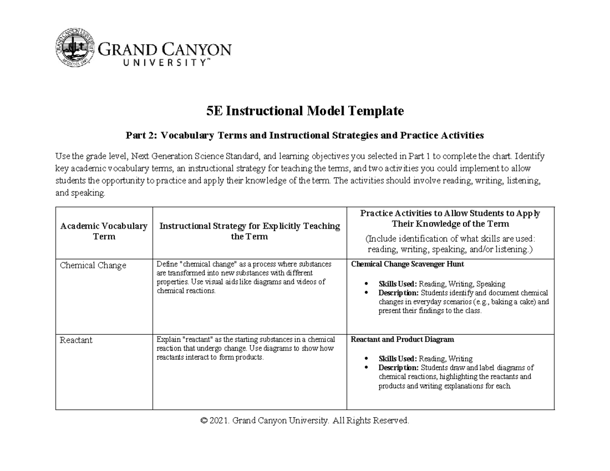 5E Instructional Model Template Part 2: Vocabulary & Strategies - Studocu