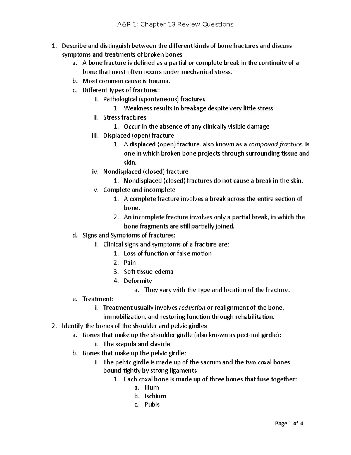 A&P 1 - Chapter 13: Bone Fractures & Appendicular Skeleton Review - Studocu