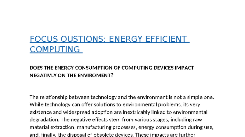 Focus Questions: Energy Efficient Computing and Environmental Impact ...